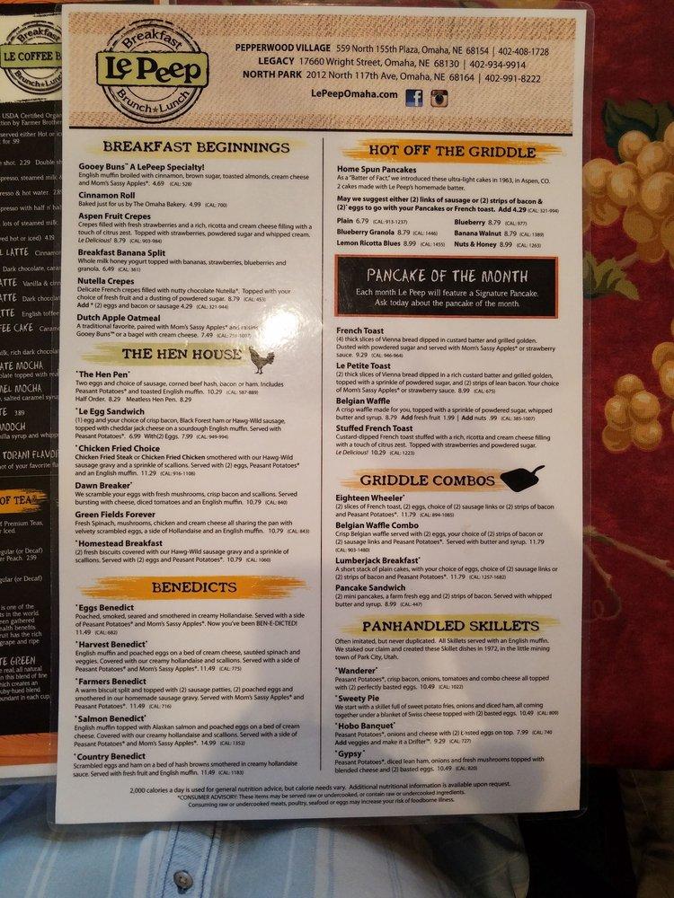 Menu at Le Peep Omaha - Legacy restaurant, Omaha, Wright St