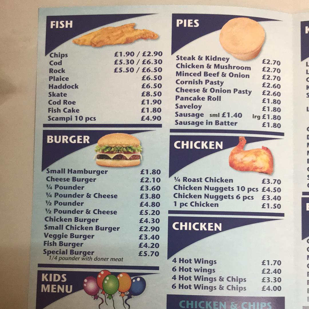 Menu at Mr chippy restaurant, Orpington