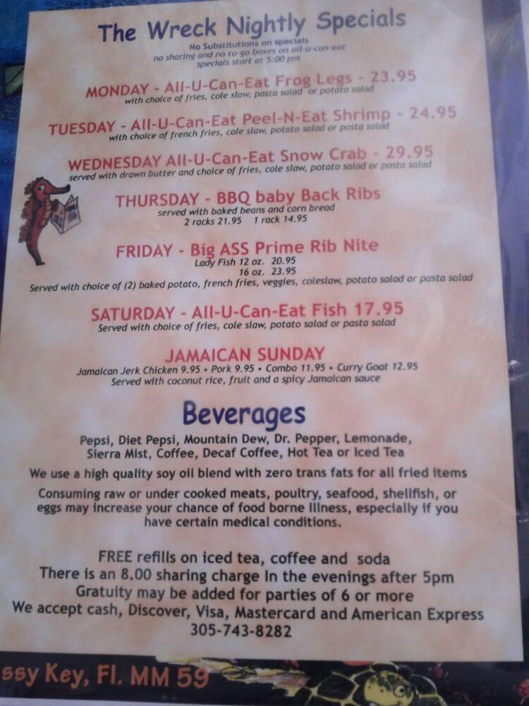 Menu at S.S. Wreck & Galley Grill pub & bar, Marathon