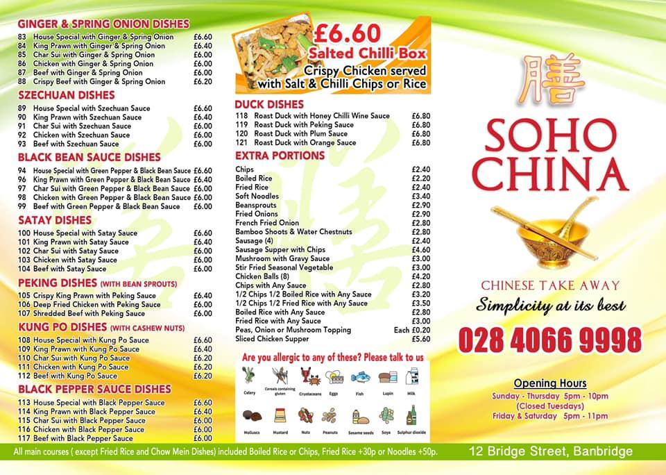 Menu at Soho China restaurant, Banbridge