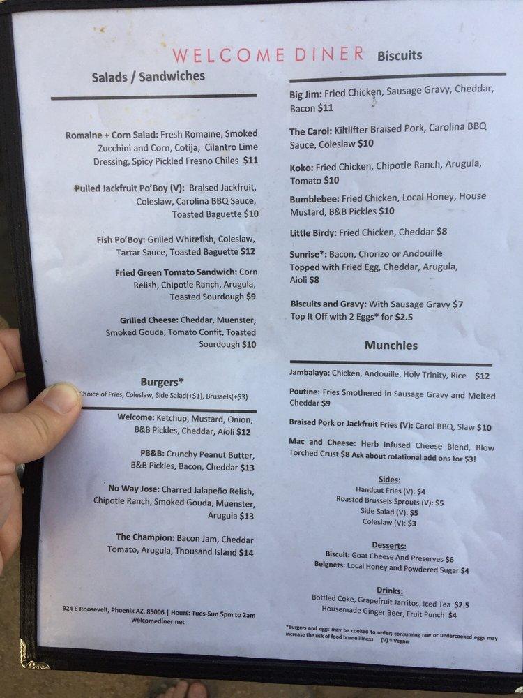 Menu at Welcome Diner restaurant, Phoenix, 929 E Pierce St