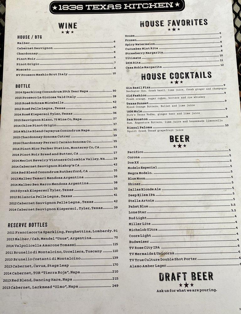 Menu at 1836 Texas Kitchen pub & bar, Tyler, Crow Rd