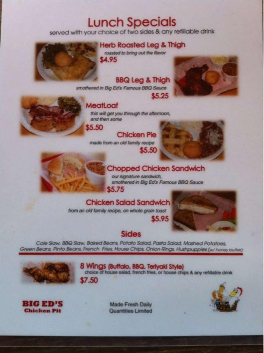 Menu at Big Ed's Chicken Pit BBQ, High Point