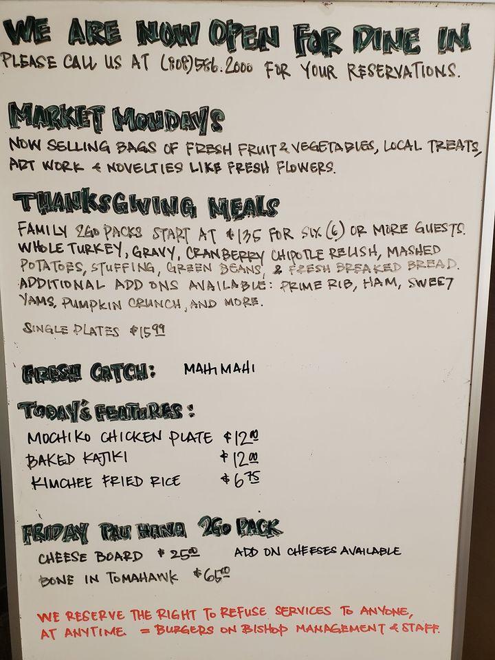 Menu at Burgers On Bishop restaurant, Honolulu, 745 Fort St