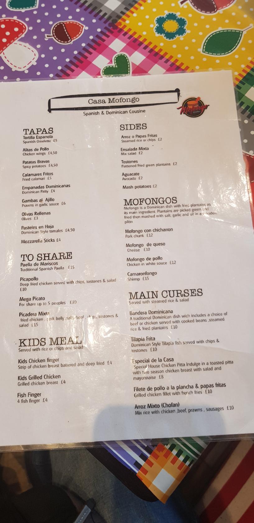 Menu at Casa Mofongo Bar Restaurant, London