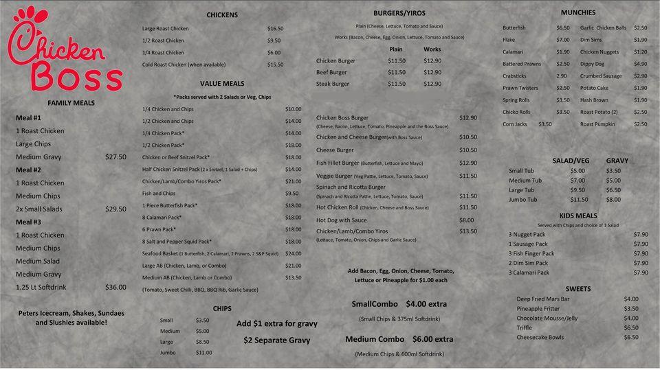 Menu at Chicken Boss restaurant, Mount Gambier