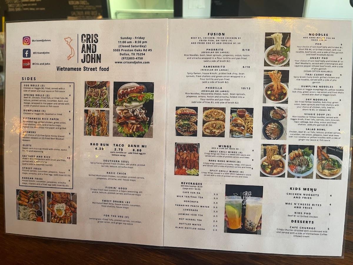 Menu at Cris and John restaurant, Dallas