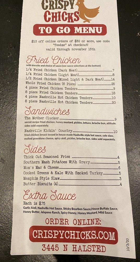 Menu at Crispy Chicks restaurant, Chicago