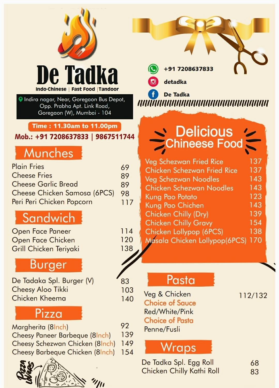 Menu at De Tadka, Mumbai