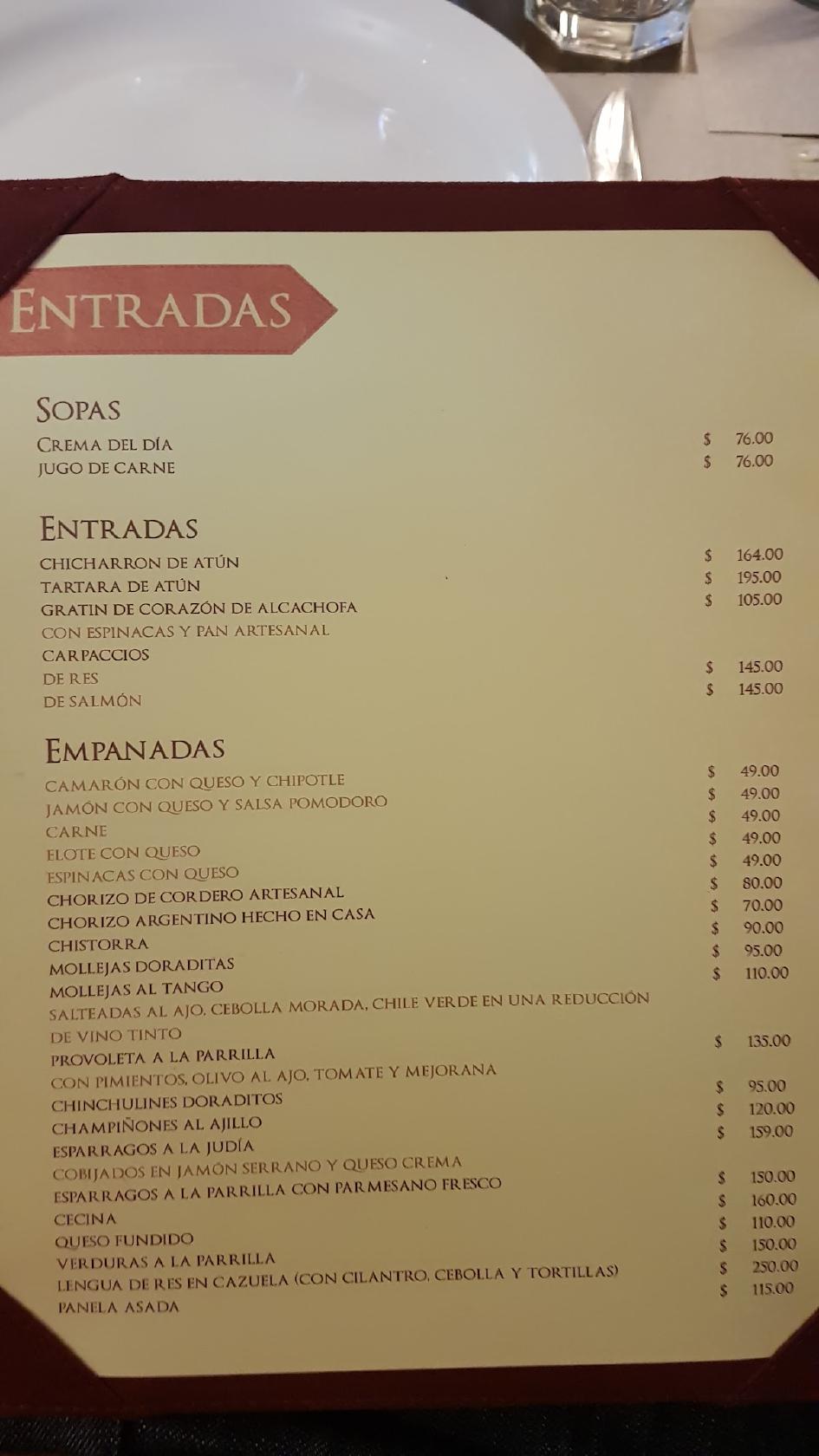 Carta del restaurante El Tango, Zapopan