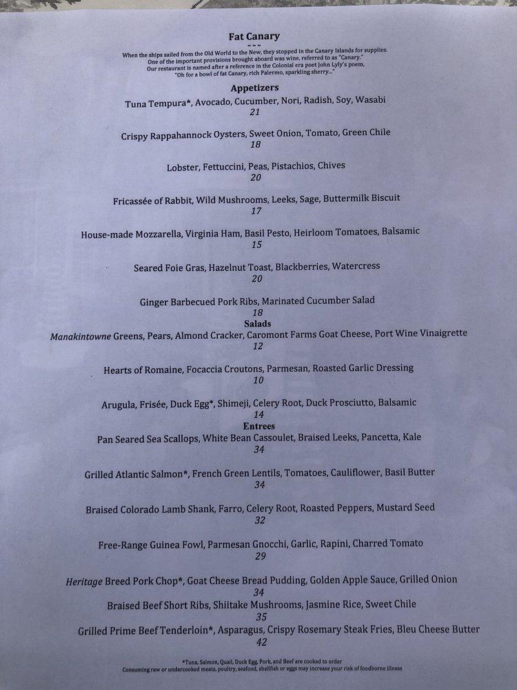 Menu at Fat Canary pub & bar, Williamsburg