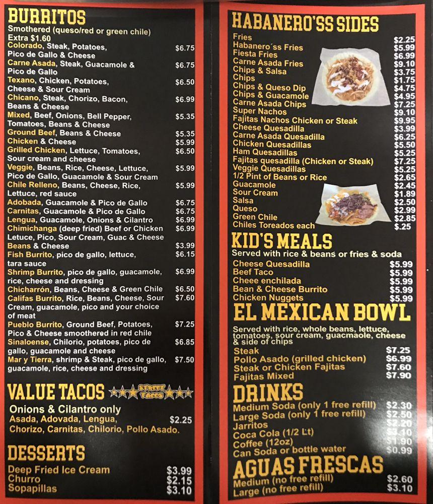Menu at Habaneros' Mexican Grill restaurant, Trinidad
