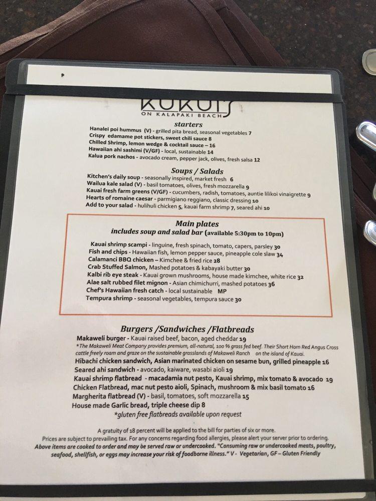 Menu at Kukui's on Kalapaki Beach restaurant, Lihue
