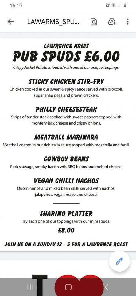 Menu at Lawrence Arms pub & bar, Portsmouth