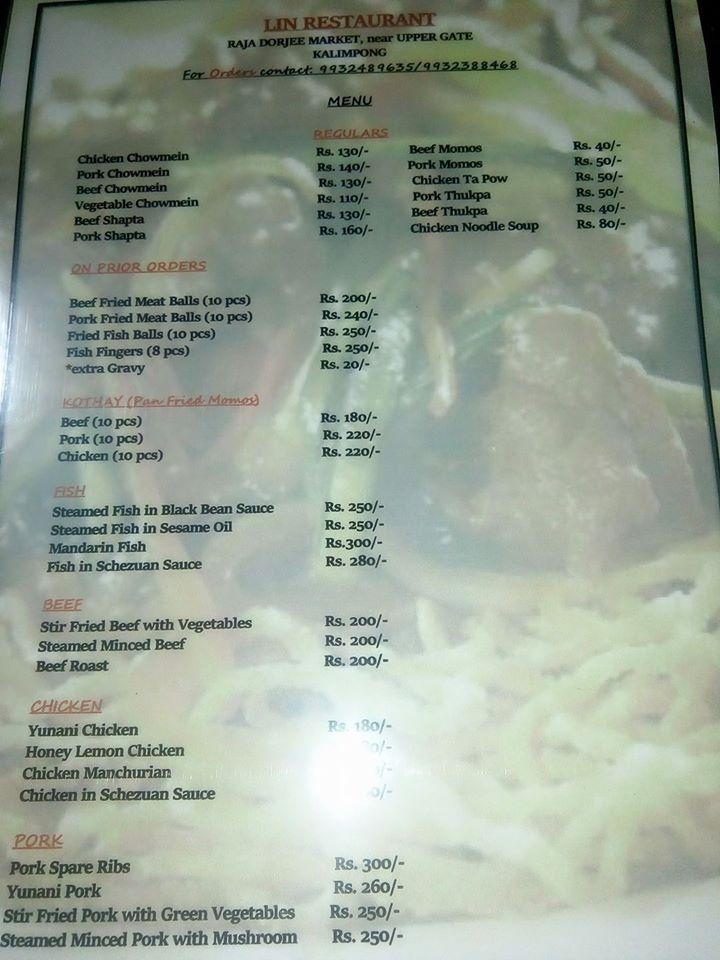 Menu at LIN RESTAURANT, Kalimpong