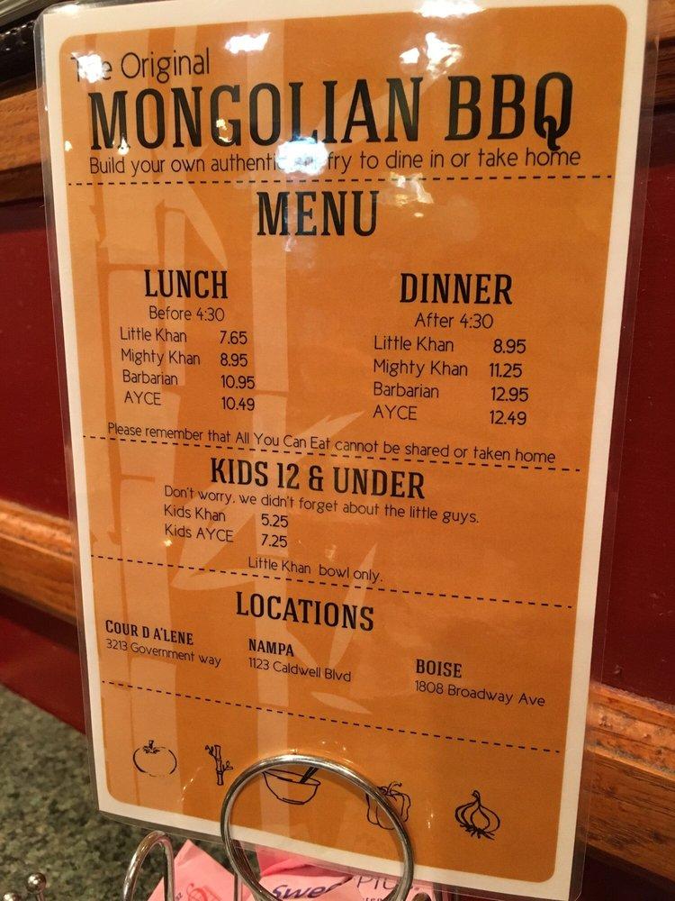 Menu at Mongolian BBQ, Boise, Broadway Ave