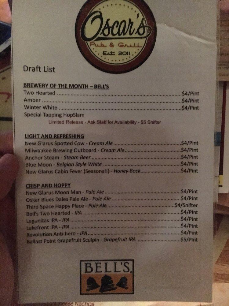 Menu at Oscar's Pub & Grill, Milwaukee