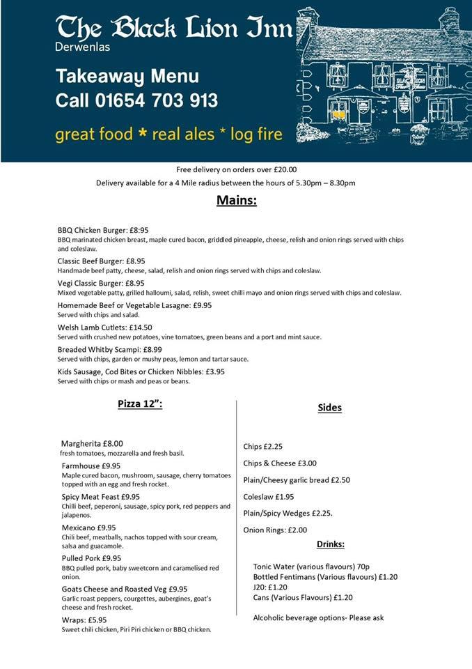 Menu at Black Lion Inn pub & bar, England, A487