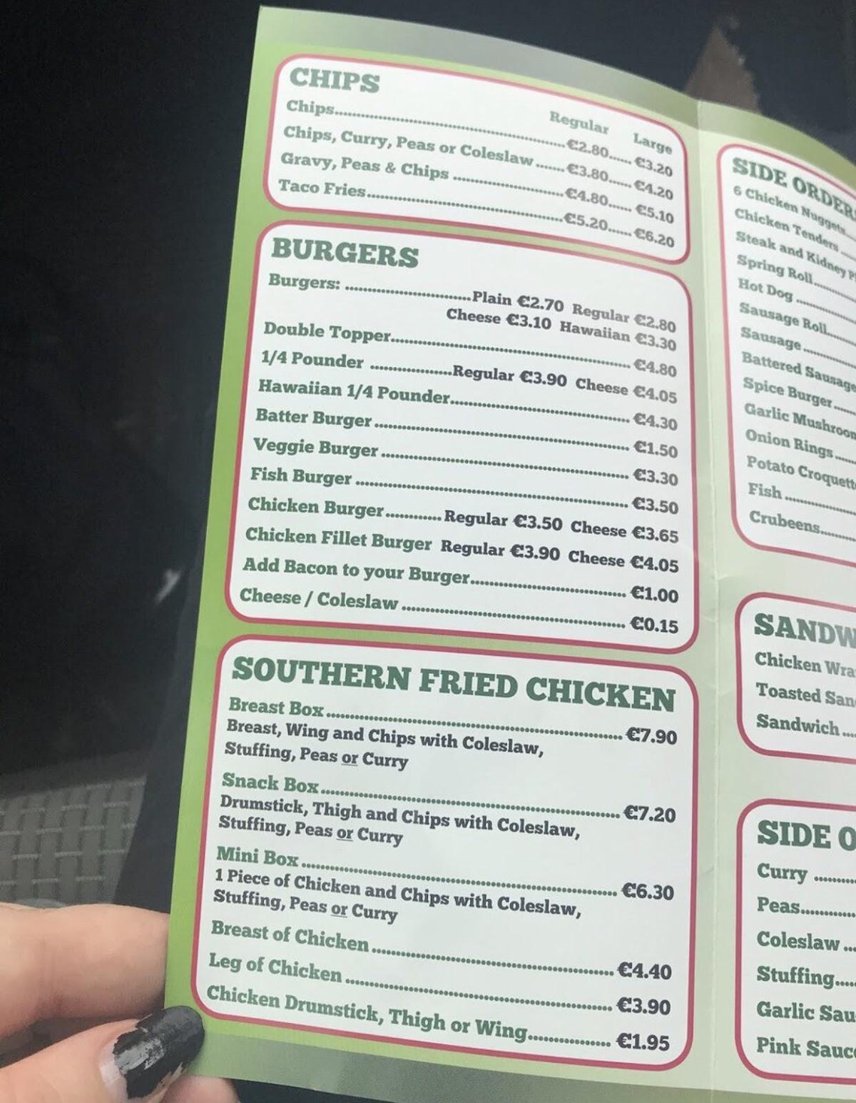 Menu at The Green Rooster fast food, Tralee
