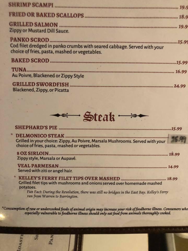 Menu at Admiral Pub, Warren