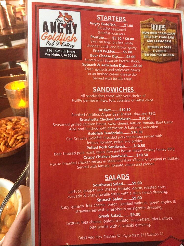 Menu at Angry Goldfish Pub & Eatery, Des Moines