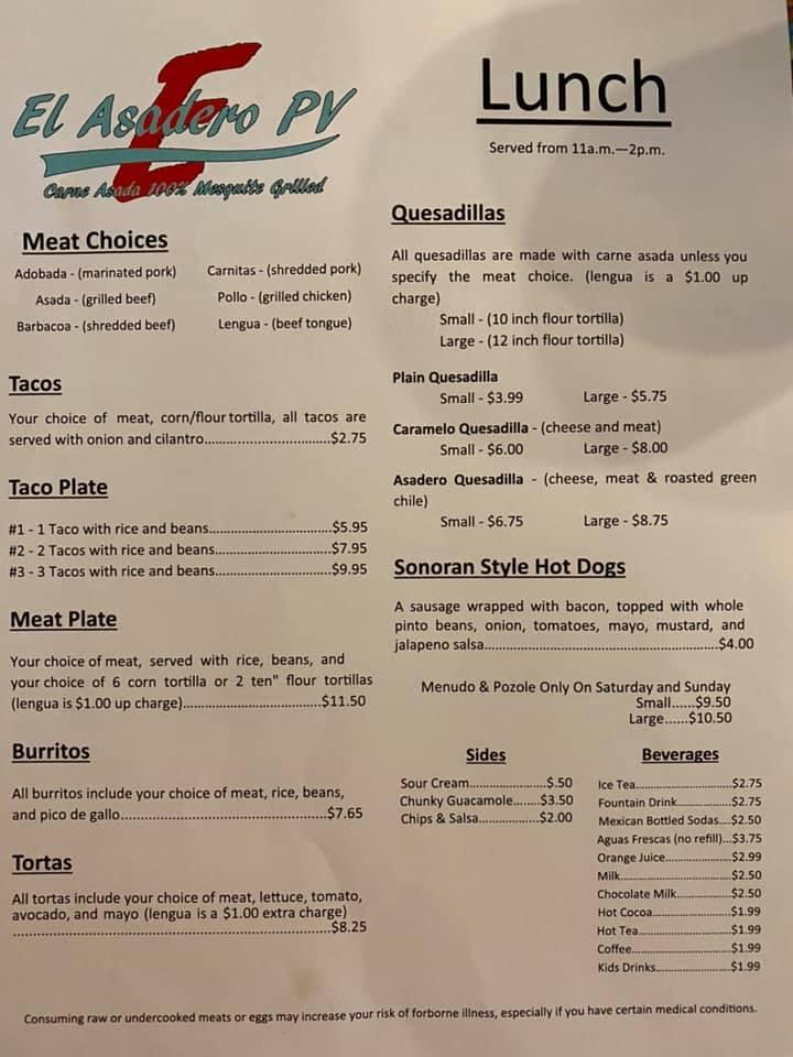 Menu at El asadero pv restaurant, Prescott Valley
