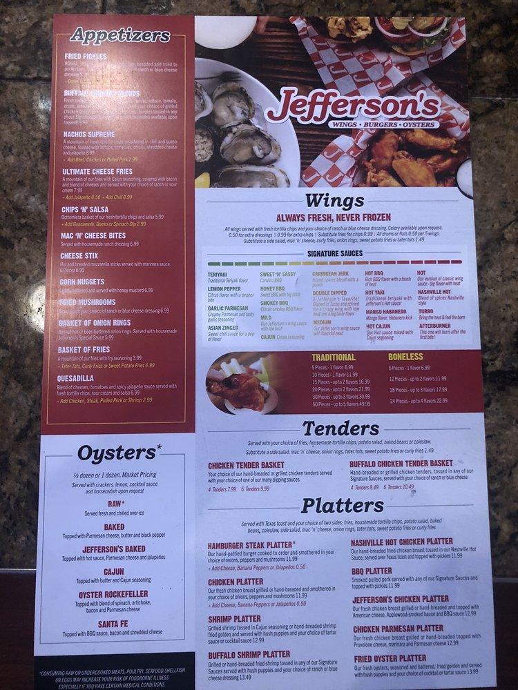 Menu at Jefferson's restaurant, Hiram
