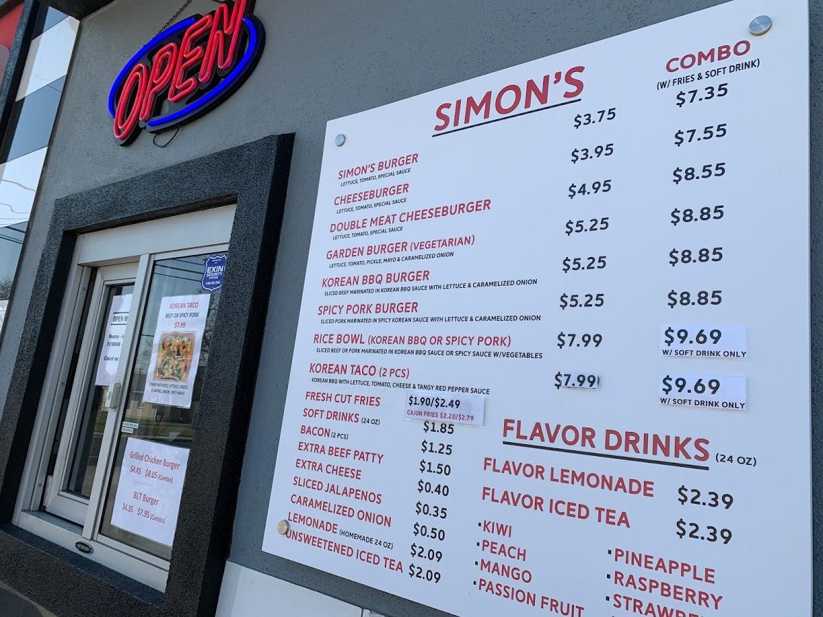 Menu at Simon's Burger restaurant, Austin