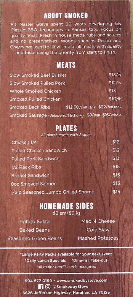Menu at Smoked BBQ, Harahan, Jefferson Hwy