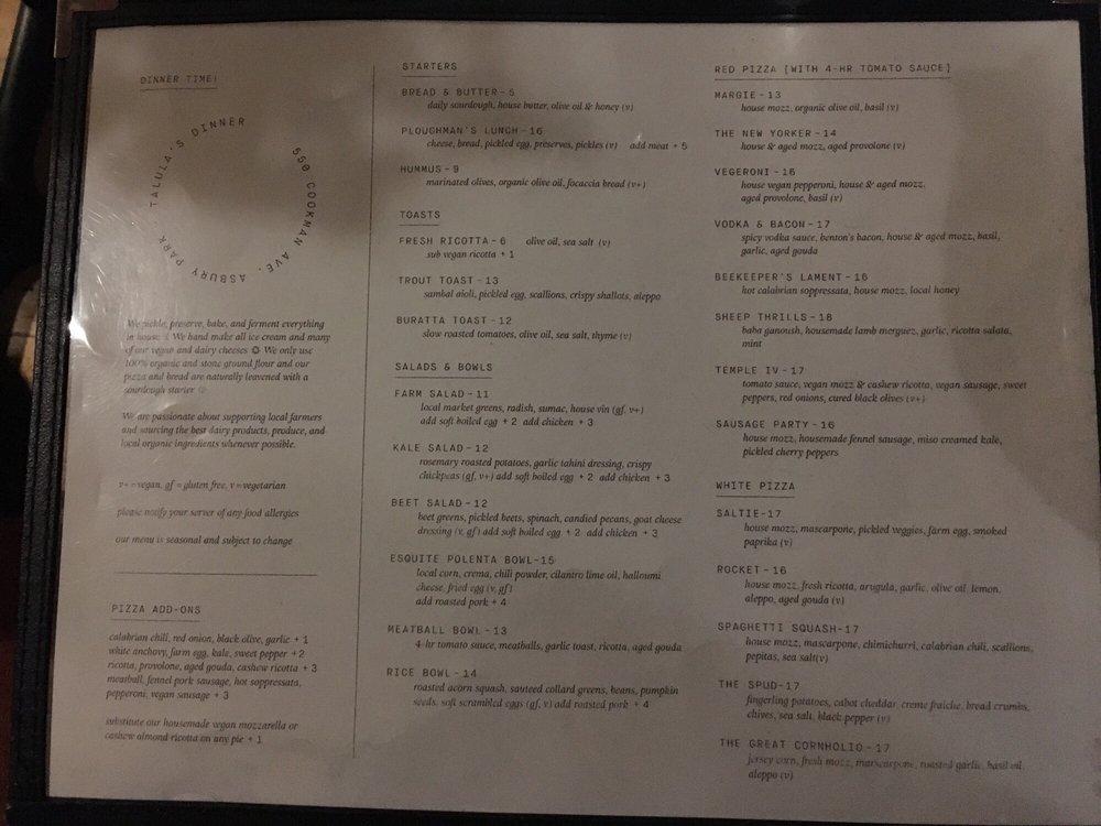 Menu at Talula's pub & bar, Asbury Park