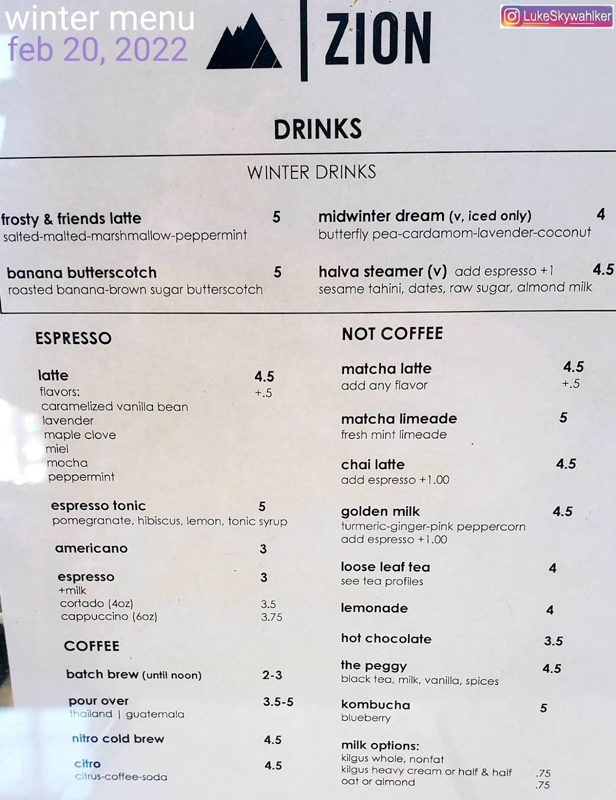 Menu at Zion Coffee Bar, Peoria
