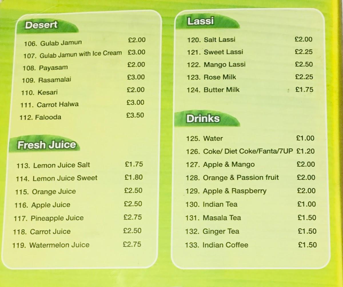 Menu at Annapoorna restaurant, London