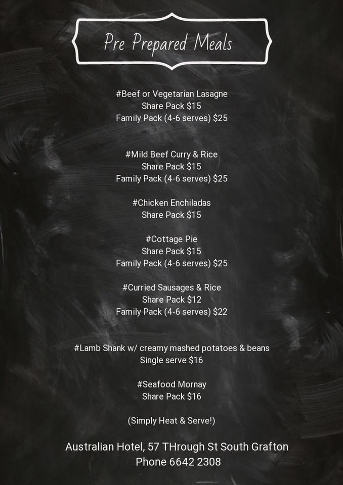 Menu at Australian Hotel, South Grafton