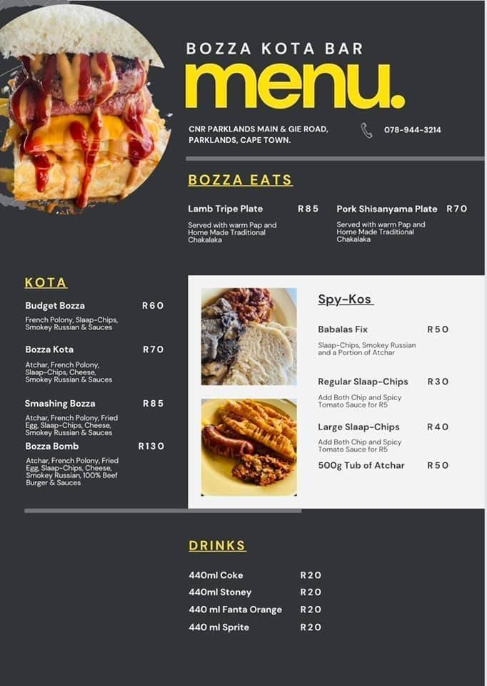 Menu at Bozza Kota Bar, Cape Town