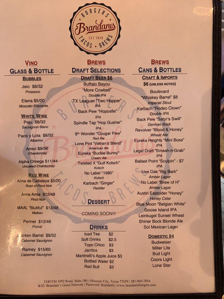Menu at Brandani’s Burgers, Tacos & Brews restaurant, Missouri City