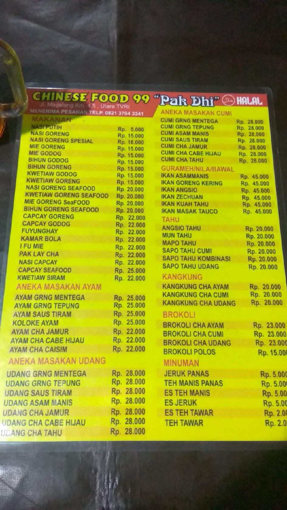 Menu at Chinese Food 99 restaurant, Yogyakarta, Jl. Magelang No.135