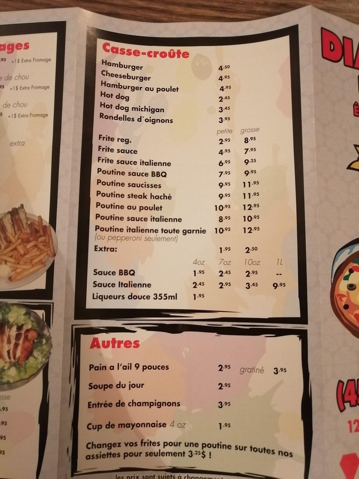 Menu au Restaurant Diamond, Saint-Eustache