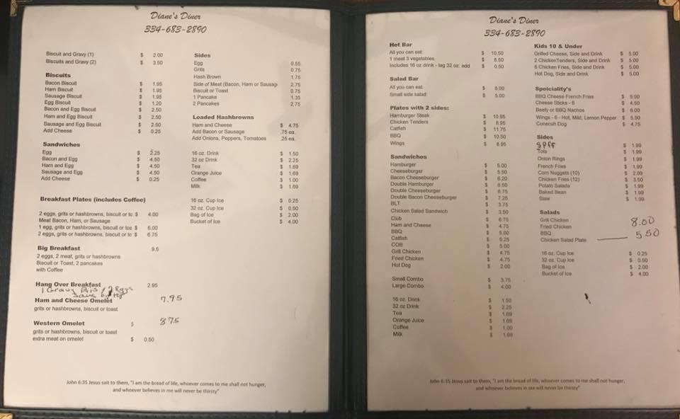 Menu at Diane's Diner restaurant, Marion