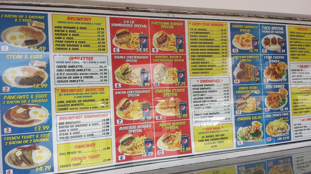 Menu at Lucky Star Burgers fast food, Baldwin Park, Ramona Blvd