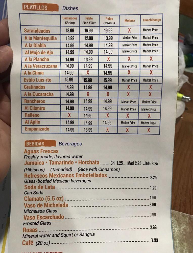 Menu at Mariscos Luis restaurant, Chicago, W 47th St