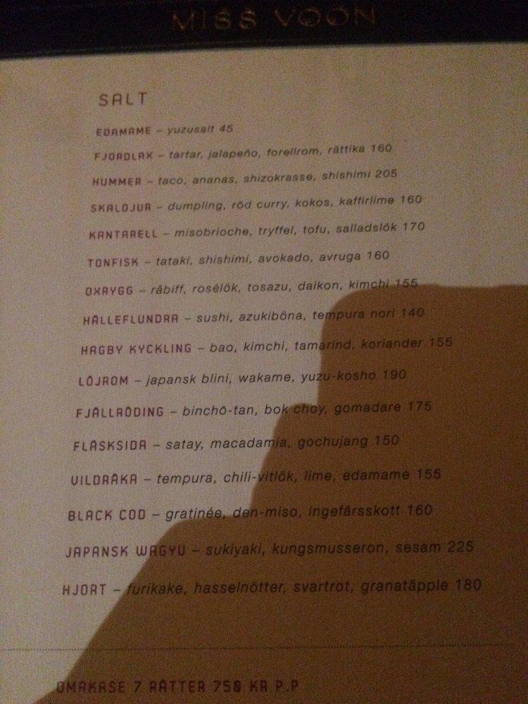 Menu at Miss Voon restaurant, Stockholm