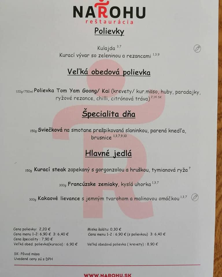 Menu at Reštaurácia NAROHU restaurant, Žilina