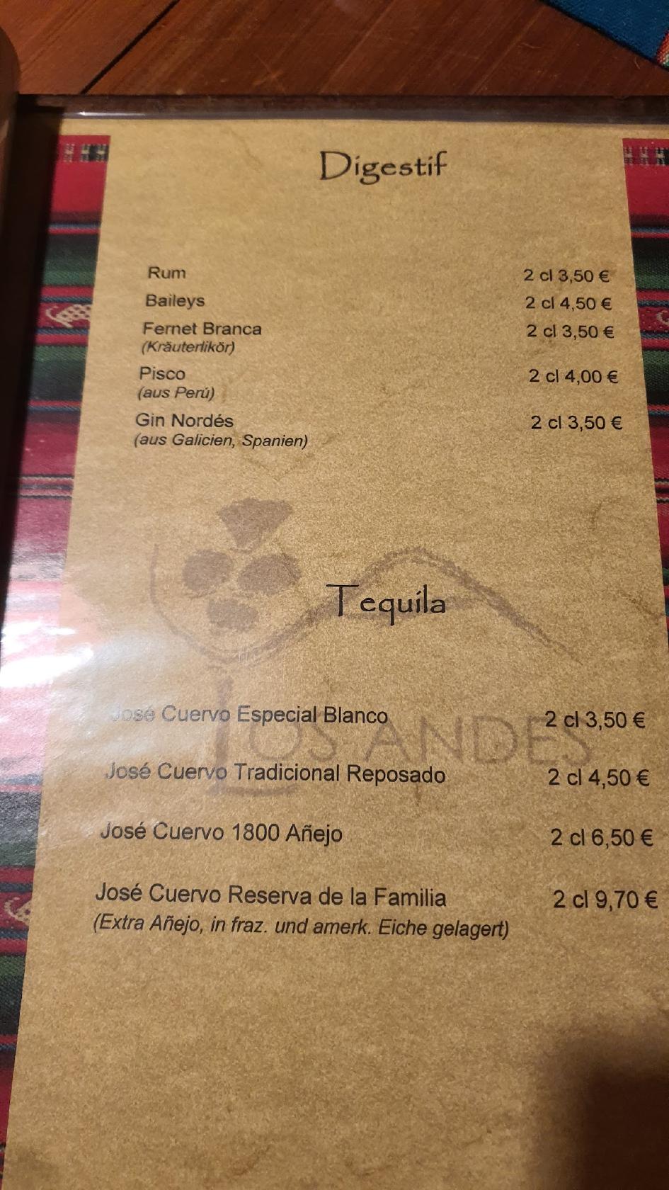Carta de Restaurant Los Andes - Lateinamerikanische Grillspezialitäten ...