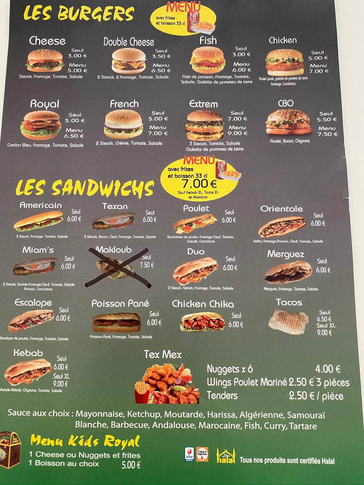 Menu at Royal Kebab restaurant, Vallauris