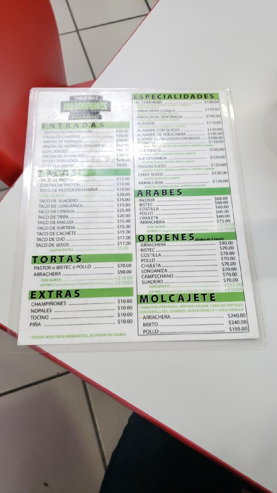 Menu at Los Compadres Taquerías (San Mateo) restaurant, Naucalpan
