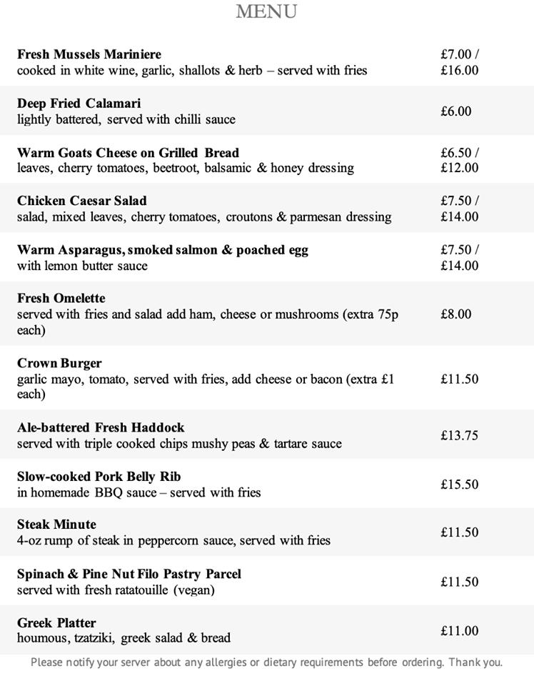 Menu at The Crown pub & bar, Bath, 2 Bathford Hill
