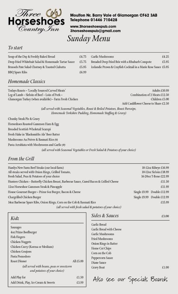 Menu at Three Horseshoes Country Inn pub & bar, Barry, Moulton