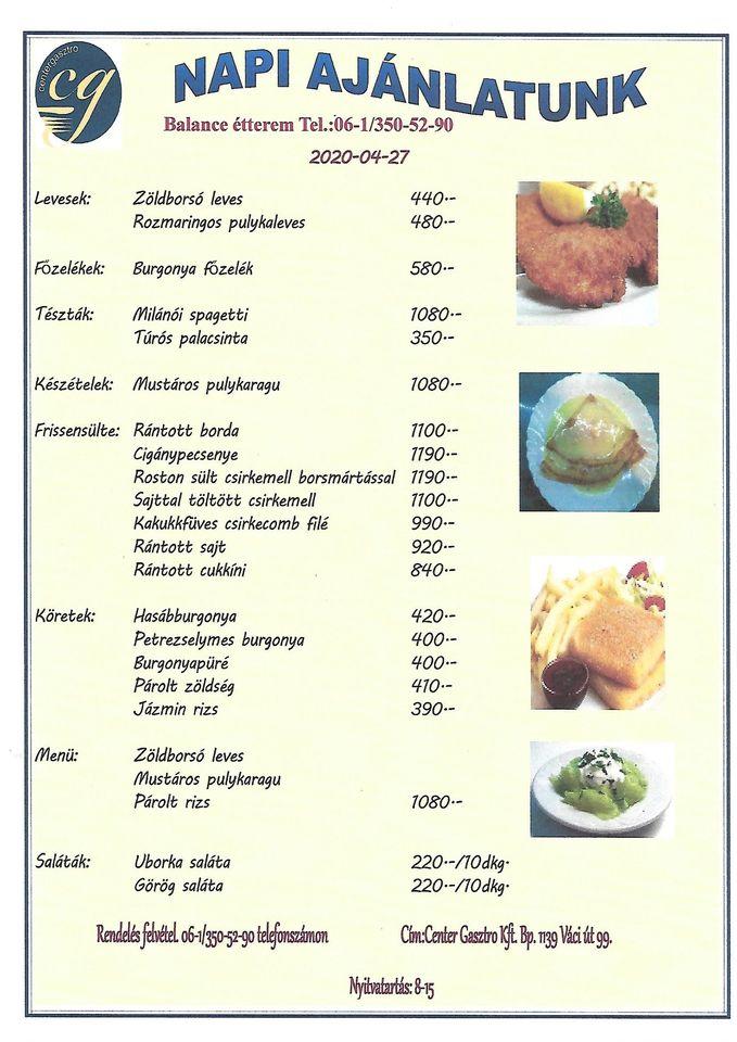 Menu at Balance Étterem cafeteria, Budapest, Váci út 99
