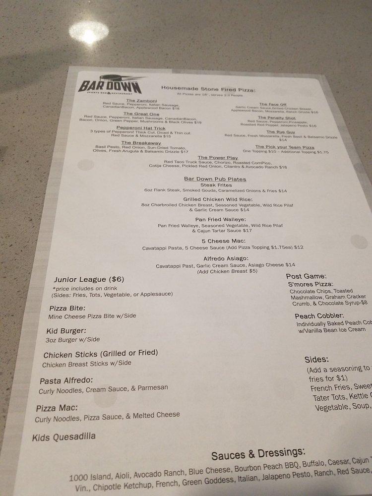 Menu at Bar Down, West Fargo