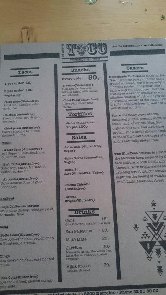 Menu at Blue Taco restaurant, Copenhagen